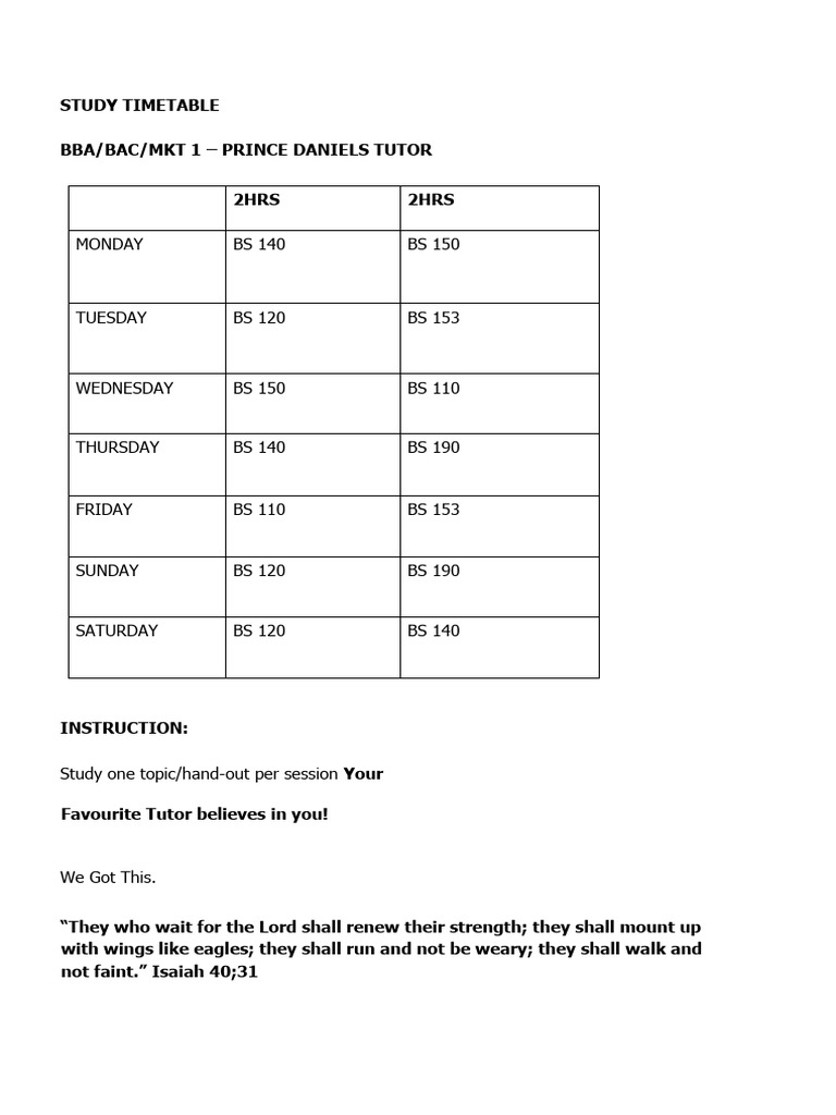 Bs 1 Study Timetable | PDF