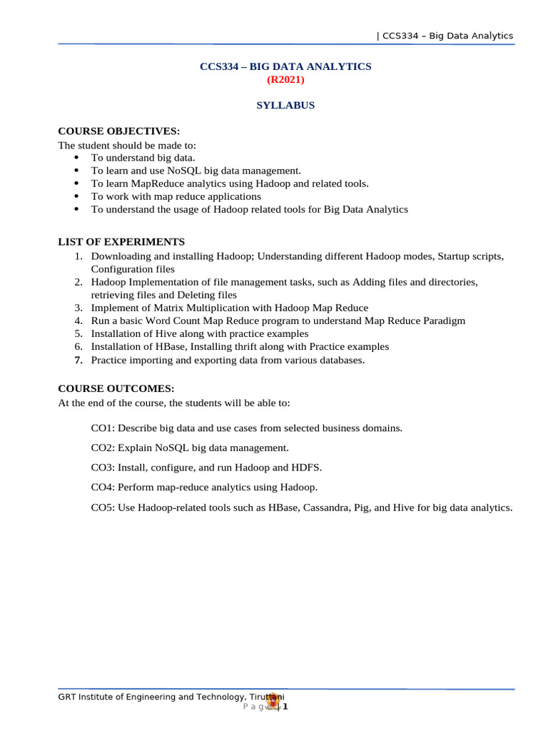 Lab Manual - Student Copy - Index & Experiments CCS334 - BDA | PDF | Apache Hadoop | Matrix ...