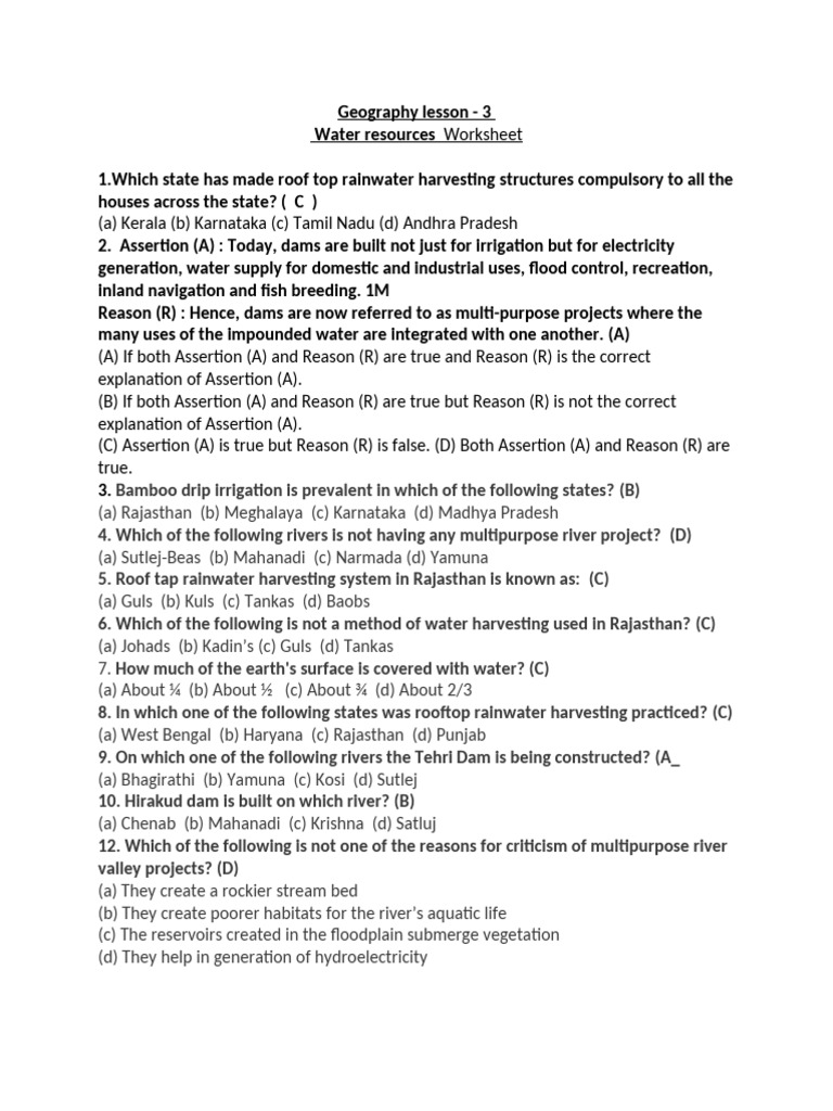 Water Resources Geography Worksheet | PDF | Water | Water And The ...