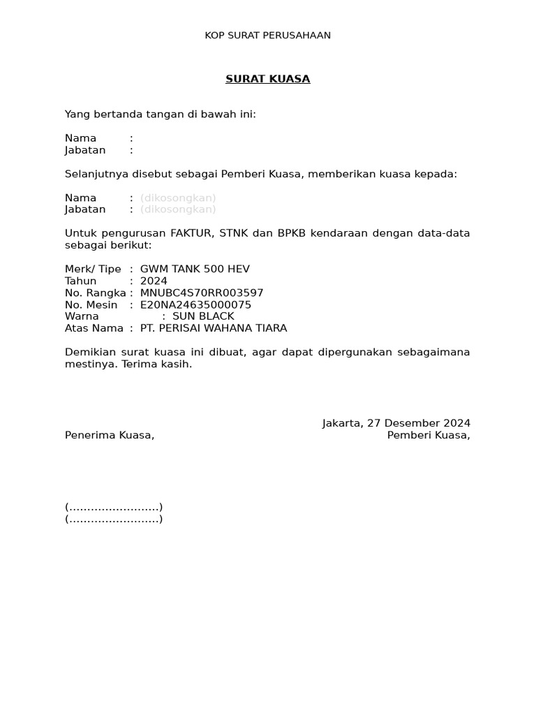 Draft Surat Kuasa PT. Perisai Wahana Tiara | PDF