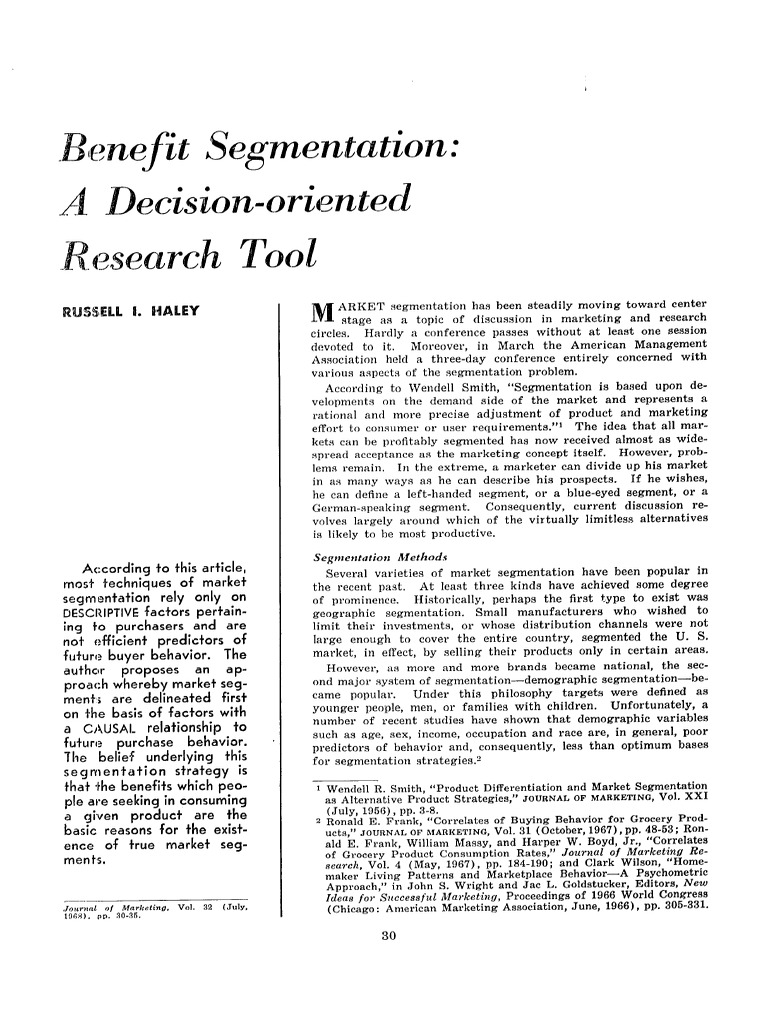 1.benefit Segmentation A Decision-Oriented Research Tool (1968) | PDF