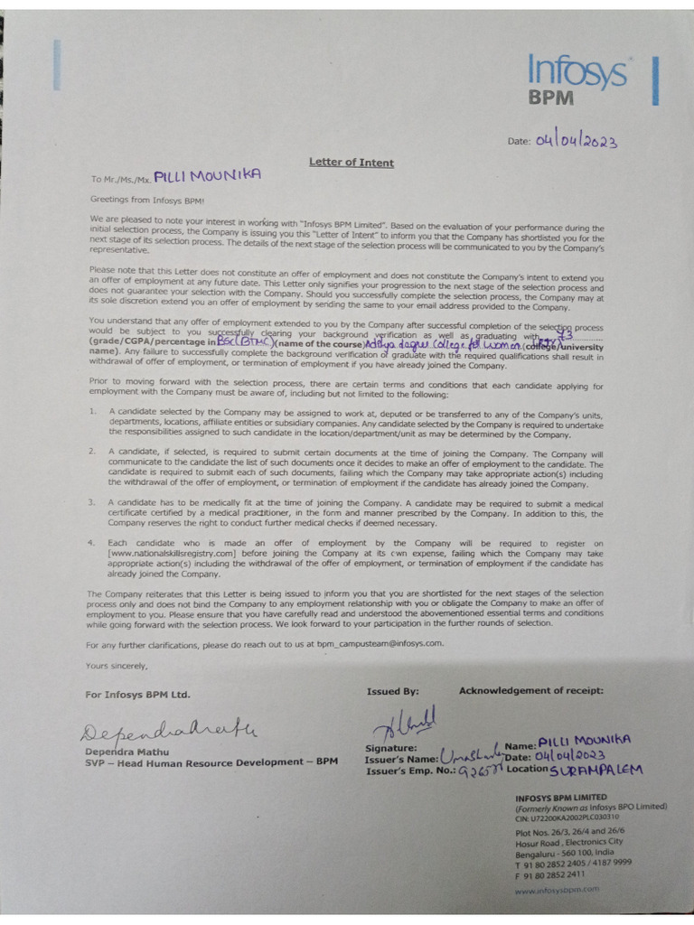 Infosys Letter of Intent PDF | PDF