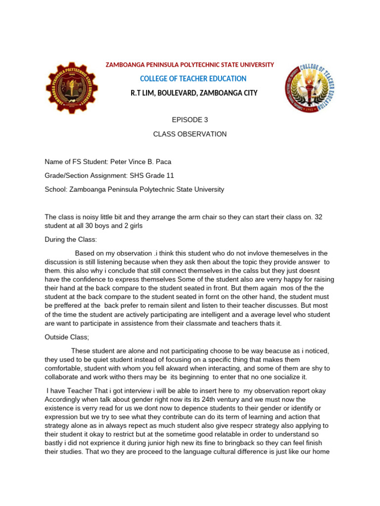 FS 1 Episode 3 Observation Report | PDF | Psychological Concepts ...