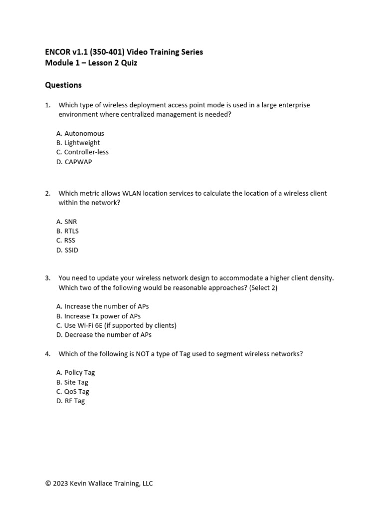Chapter 1 - Lesson 2 Quiz | PDF | Wireless Lan | Wireless Access Point