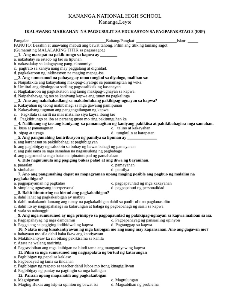 2ND PERIODICAL TEST ESP 8 | PDF