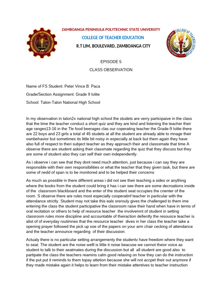 FS 5 observation report | PDF | Teachers | Teaching