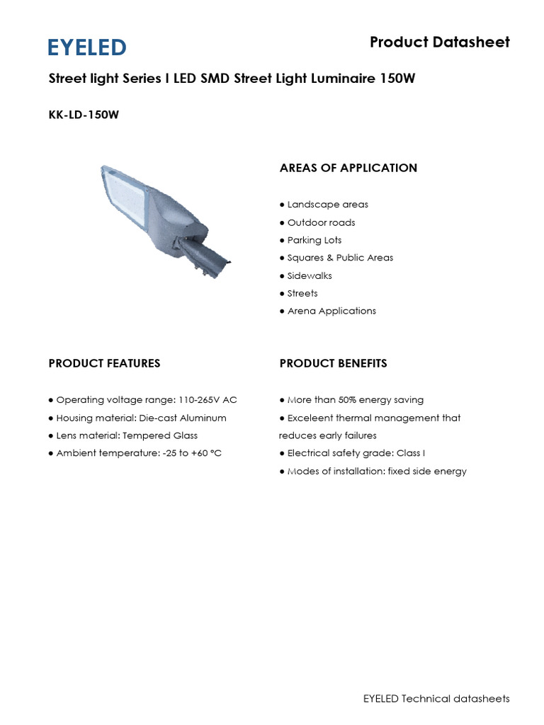 150W LED Street Light Datasheet | PDF | Alternating Current | Street Light