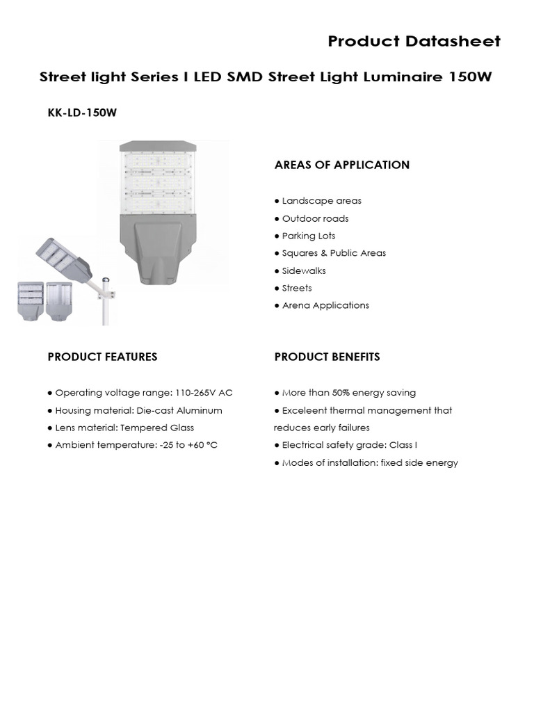 150W LED Street Light Datasheet | PDF | Alternating Current | Street Light