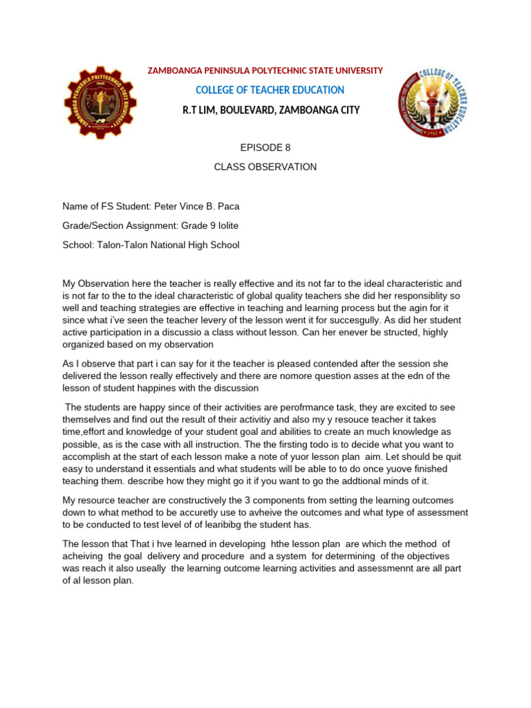 FS 1 Episode 8 Observation Report | PDF