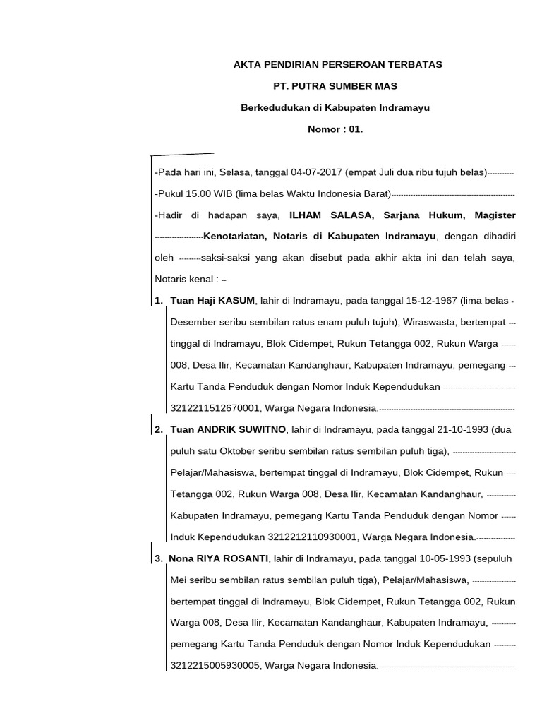 Akta Pendirian PT Putra Sumber Mas | PDF