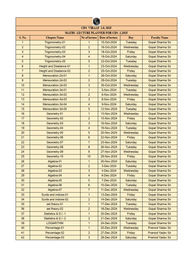 CDS 2025 Maths Lecture Schedule | PDF