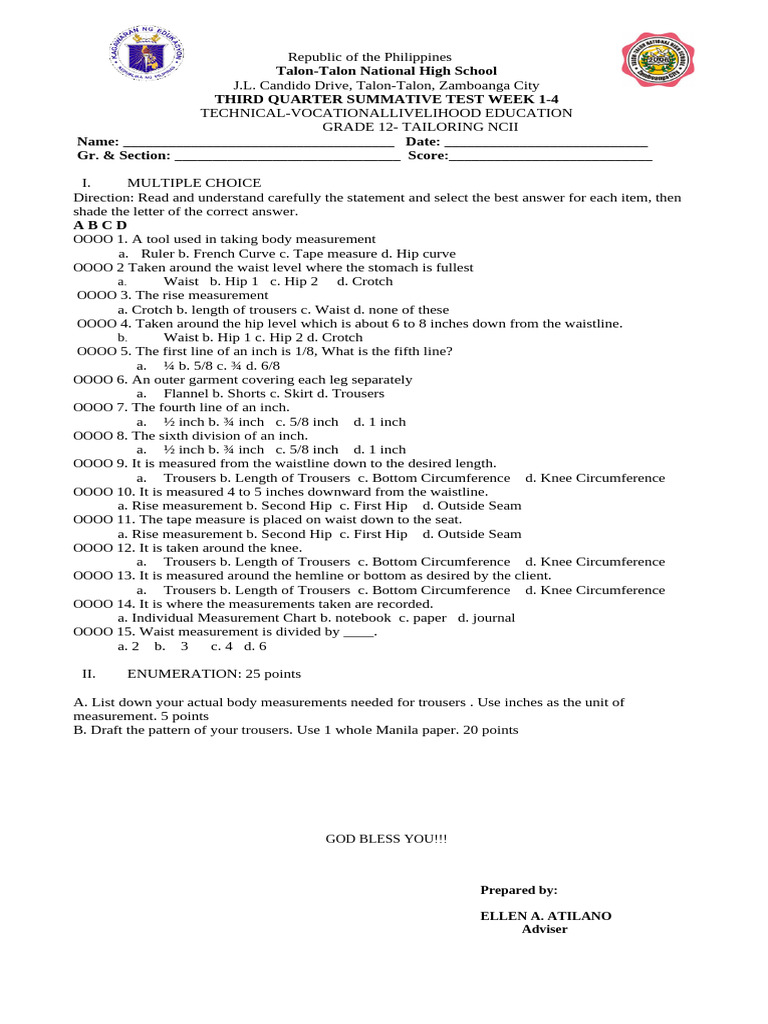 FS 1 Sample Guide SUMMATIVETEST-Q3-TAILORING-W1-4 | PDF | Waist | Trousers