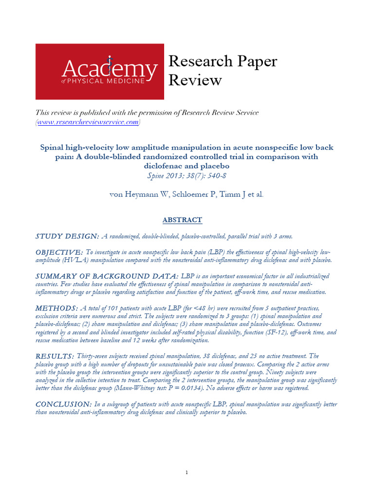 Acute Low Back Pain HVLA | PDF | Placebo Controlled Study | Medicine
