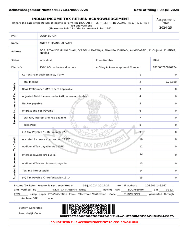 ITR-4 Acknowledgement for 2024-25 | PDF | Expense | Taxes