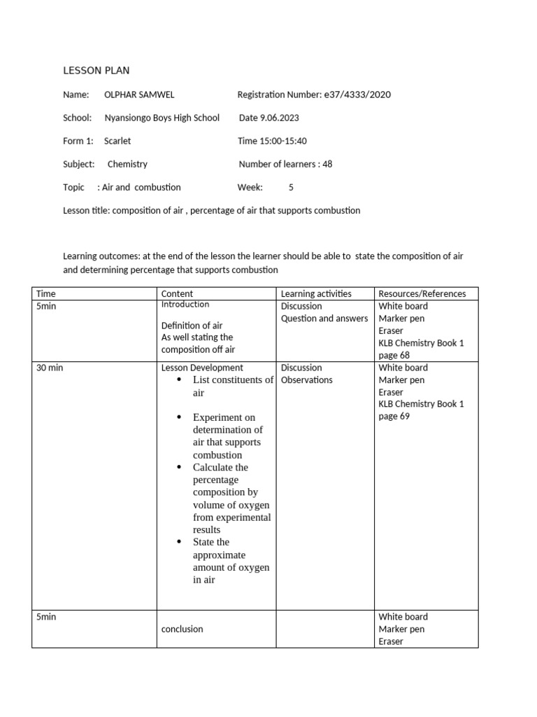 Chemistry Lesson Plan: Air Composition | PDF | Lesson Plan | Learning