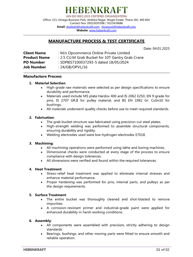 Manufacture Process & Test Certificate For 2.5 Cu.M Grab Bucket | PDF ...
