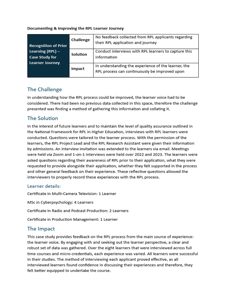 Documenting & Improving The RPL Learner Journey | PDF | Learning ...