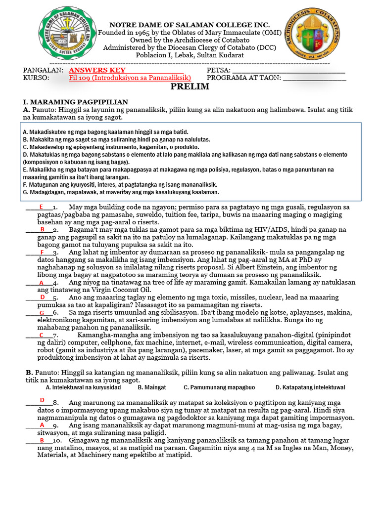 Fil 109 Pananaliksik Prelim With Answers Key | PDF