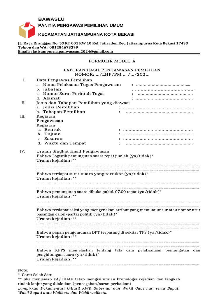 FORM A PTPS Pengawasan Pemungutan Dan Penghitungan Suara 27 November ...