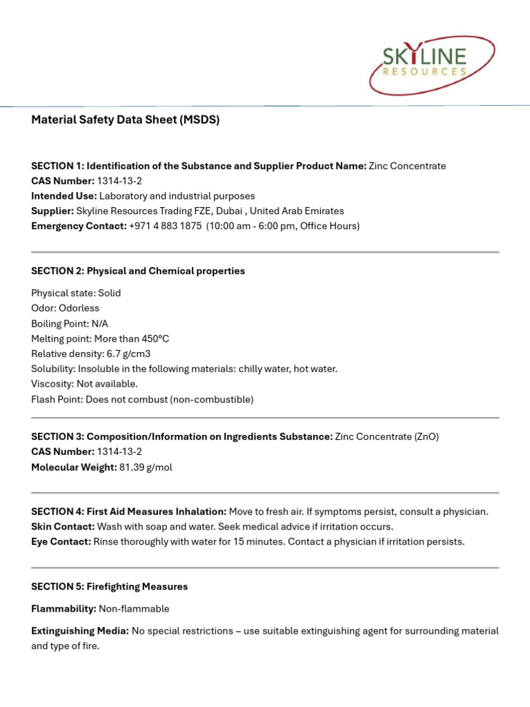 Zinc Concentrate MSDS 2024 | PDF | Personal Protective Equipment | Hazards