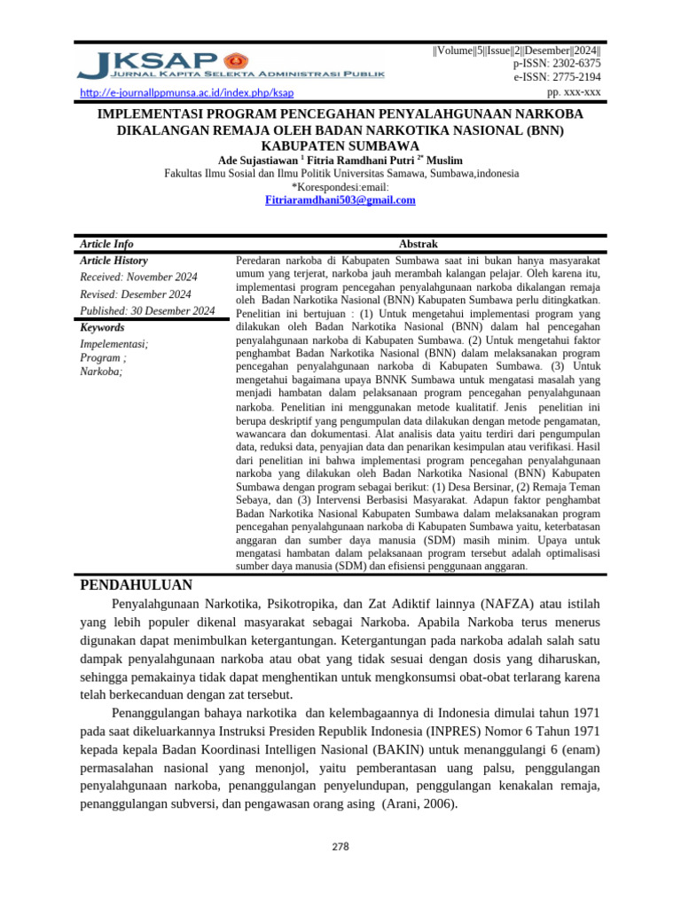 Implementasi Program Pencegahan Penyalahgunaan Narkoba Dikalangan Remaja Oleh Badan Narkotika ...
