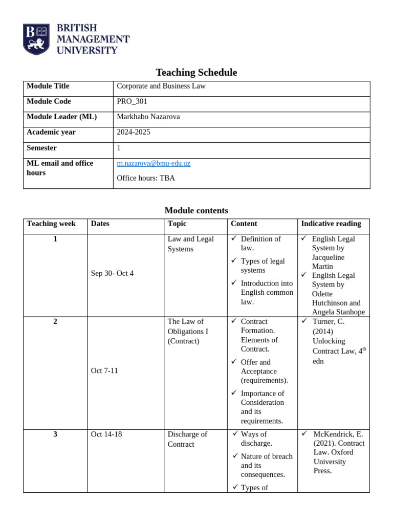 Teaching Schedule CorporBus Law | PDF | Common Law | Civil Law (Legal ...