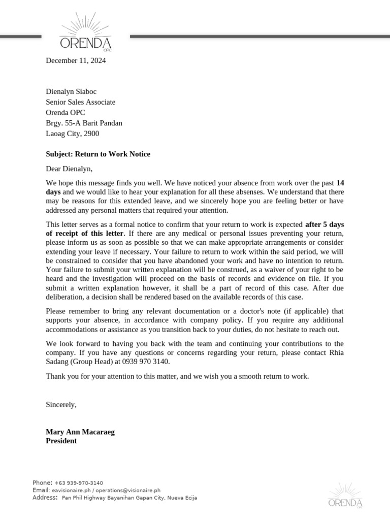 RETURN TO WORK NOTICE - Siaboc, Dienalyn | PDF