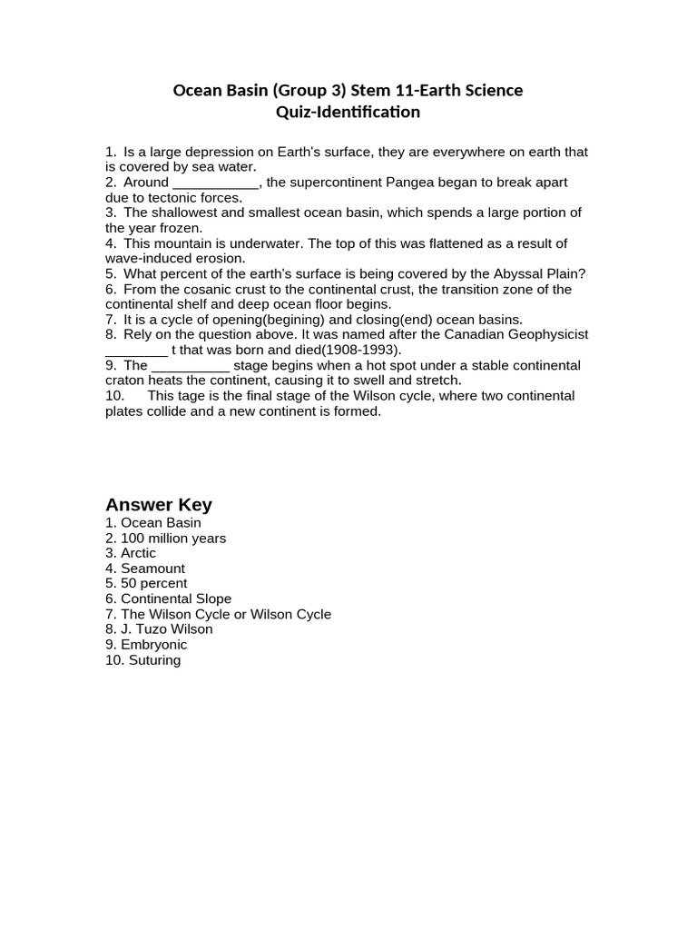 Earth Science Ocean Basin Quiz | PDF