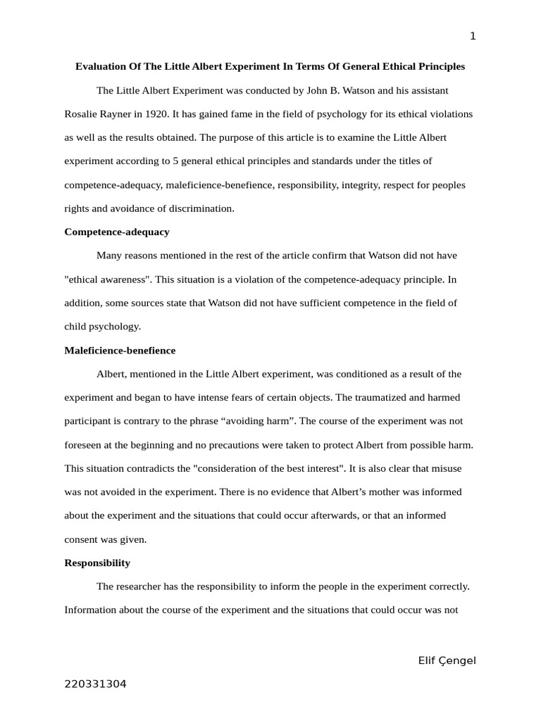 Evaluation of the Little Albert Experiment in Terms of General Ethical ...