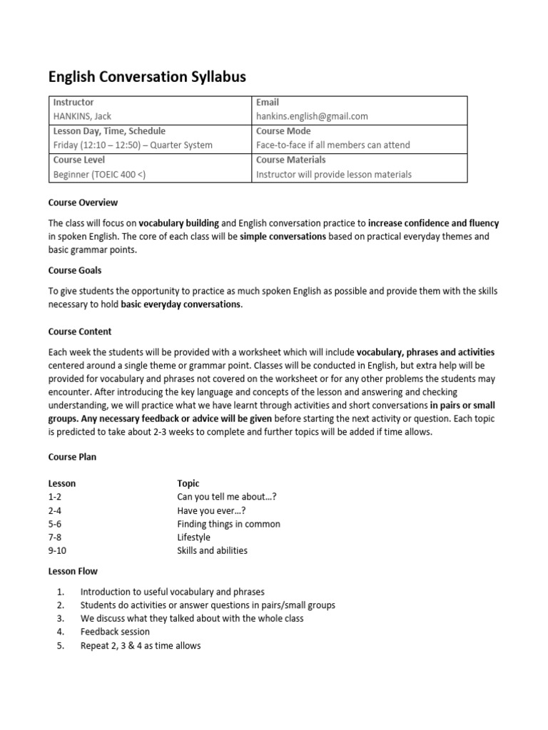 English Conversation Syllabus Spring 2023 | PDF