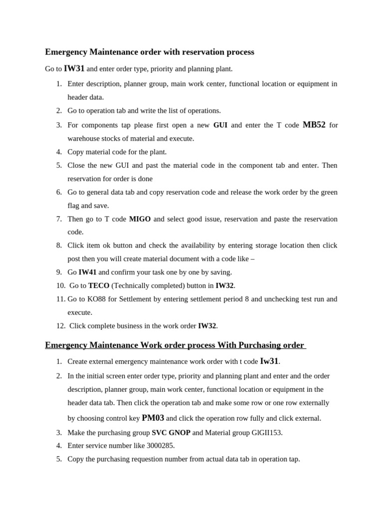 Emergency Maintenance order with reservation process | PDF | Computing