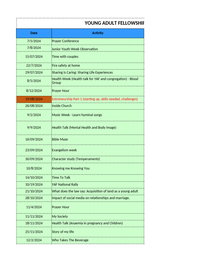YAF Activities Schedule 2024 | PDF