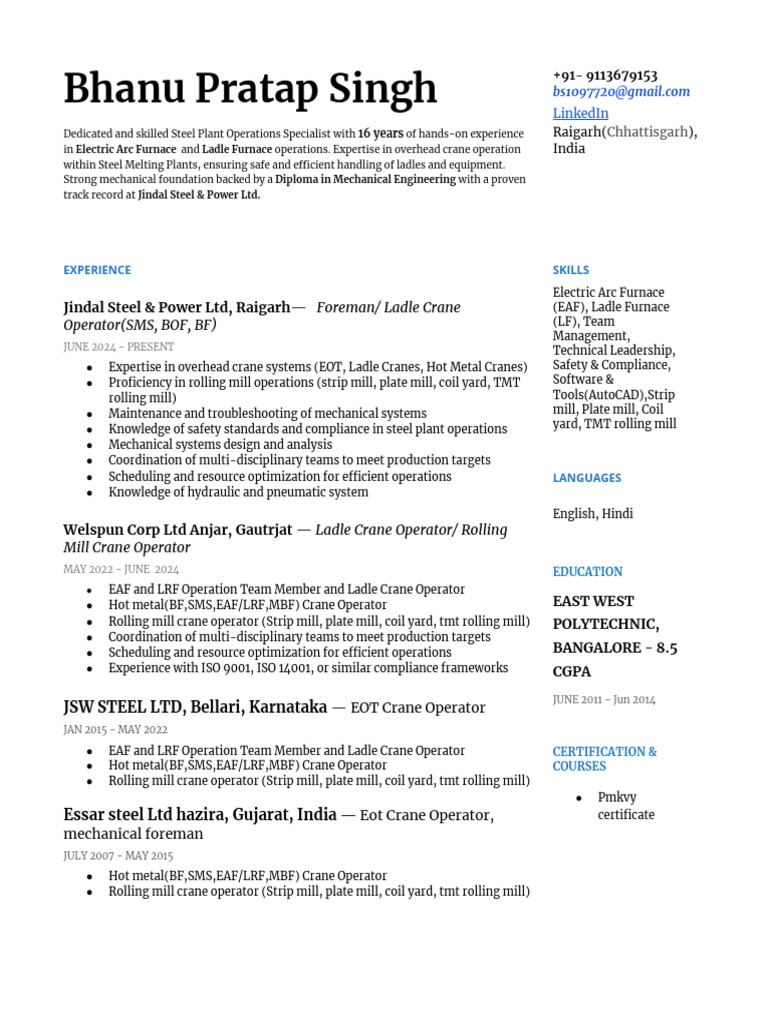 Resume Bhanu Pratap Singh | PDF | Industrial Processes | Steel