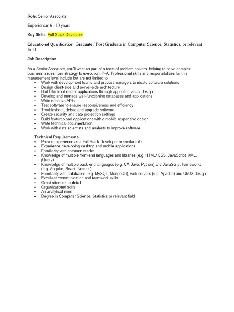 Senior Associate Full Stack Developer Role | PDF