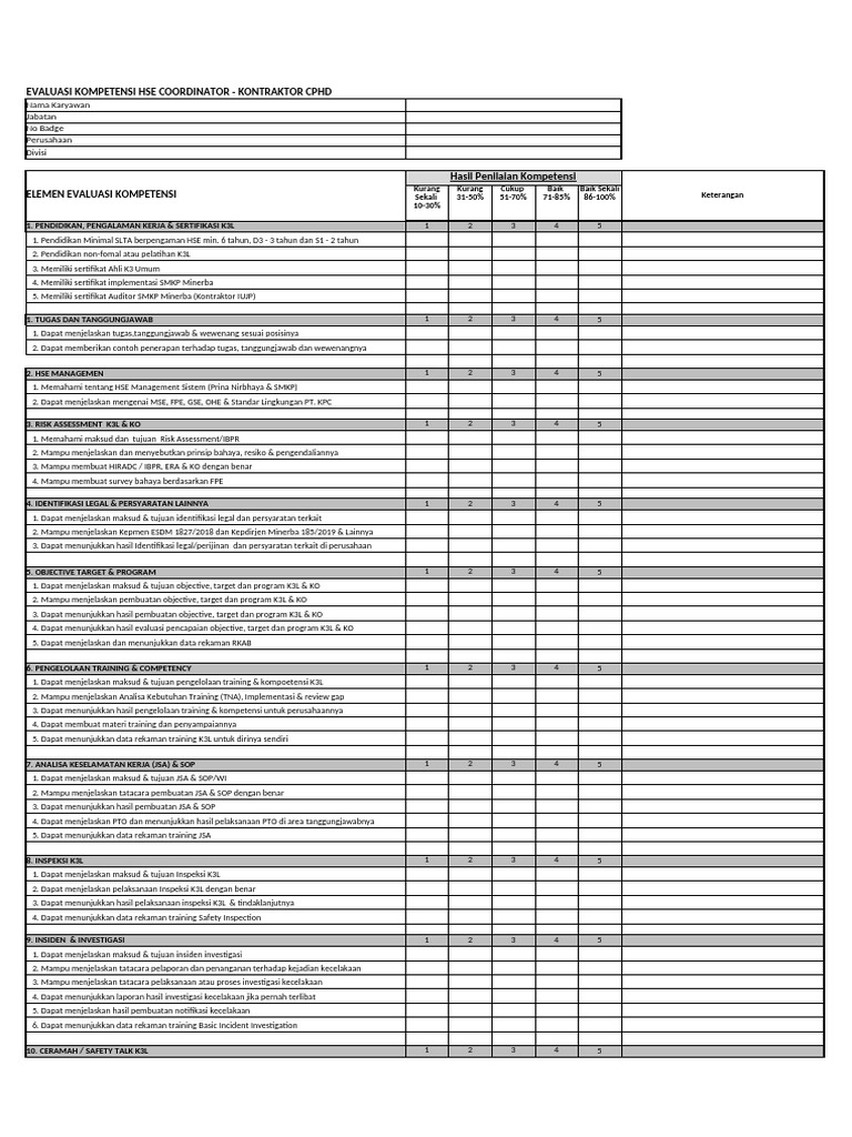 Formulir Evaluasi Kompetensi Hse Coord | PDF