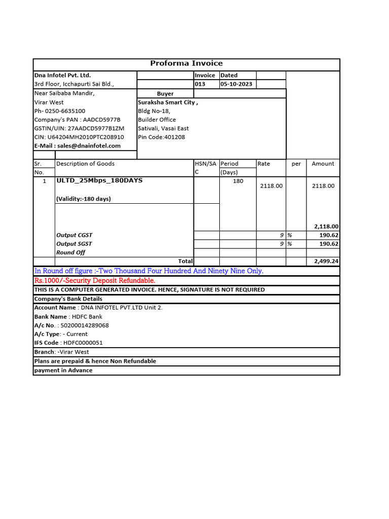 Surksha Smart City, Proforma Invoice. | PDF