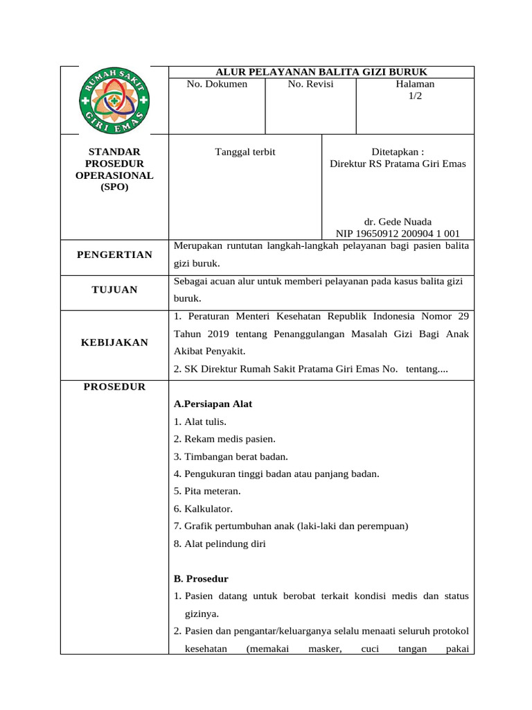 SPO Alur Pelayanan Balita Gizi Buruk | PDF