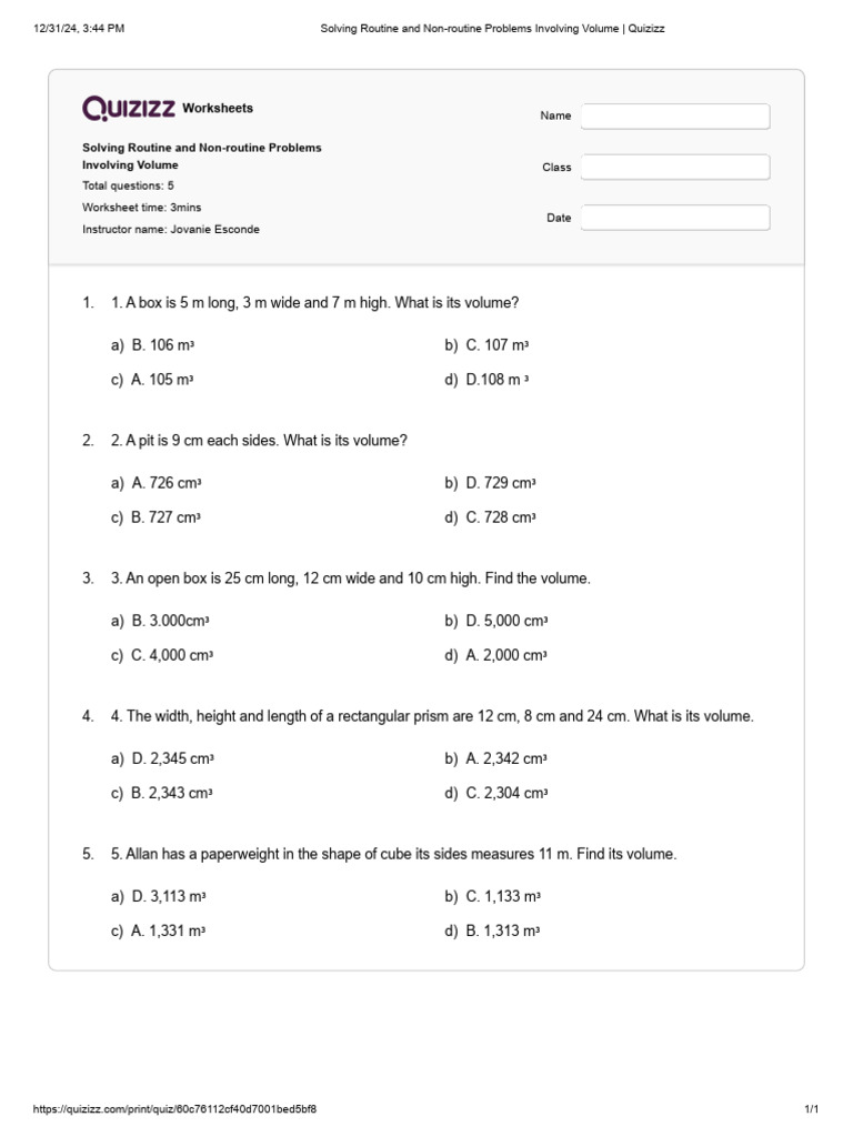 Solving Routine And Non Routine Problems Involving Volume Quizizz Pdf