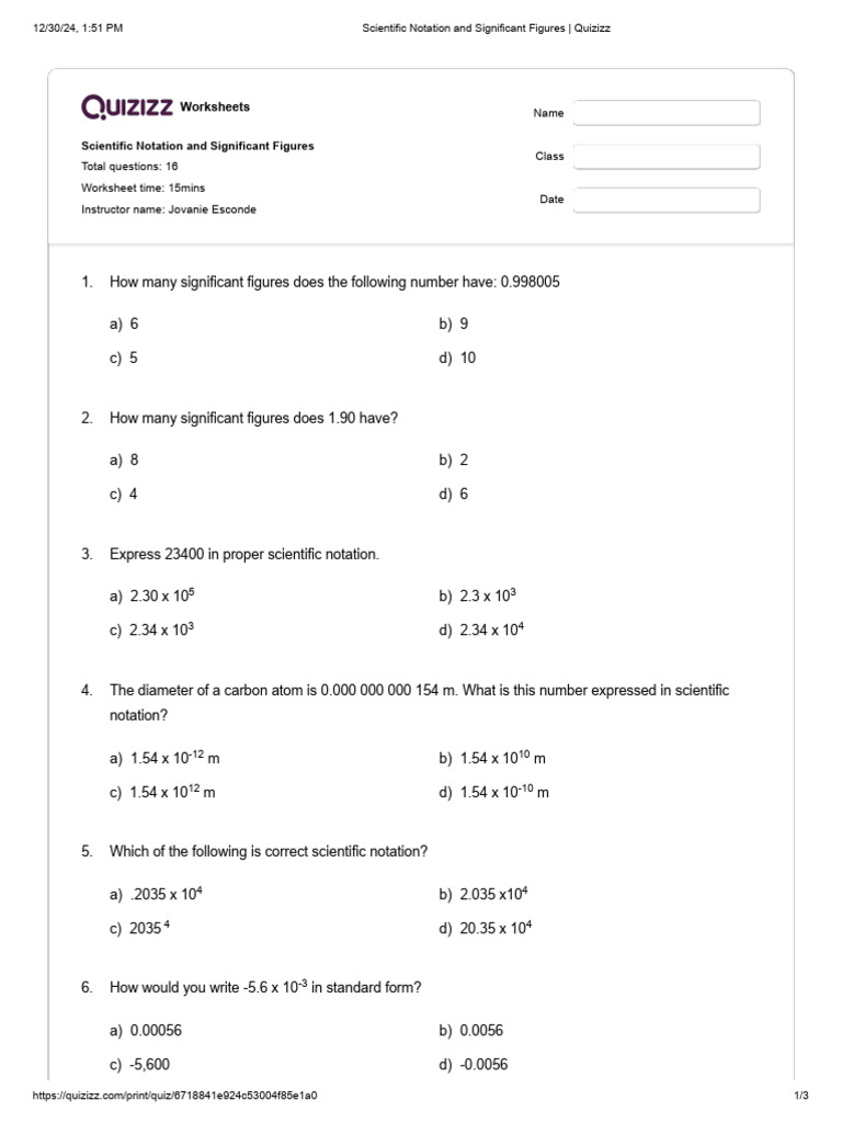 Scientific Notation and Significant Figures - Quizizz | PDF ...