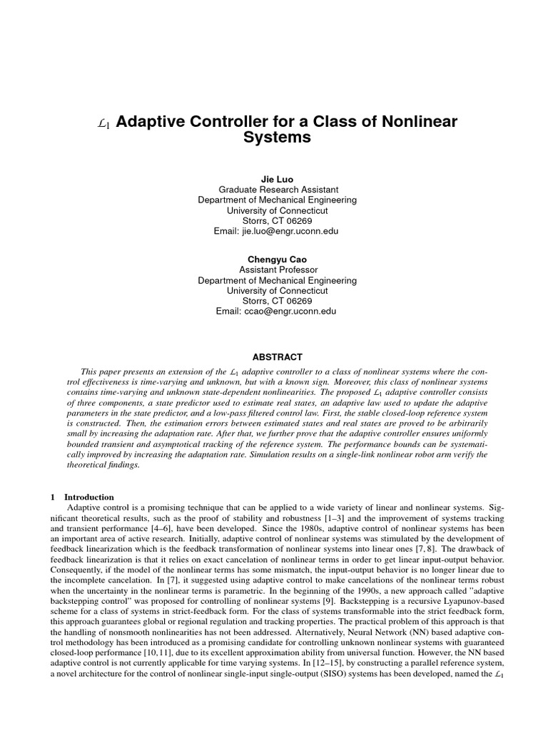 L1 Adaptive Controller For A Class of Nonlinear Systems | PDF | Control ...
