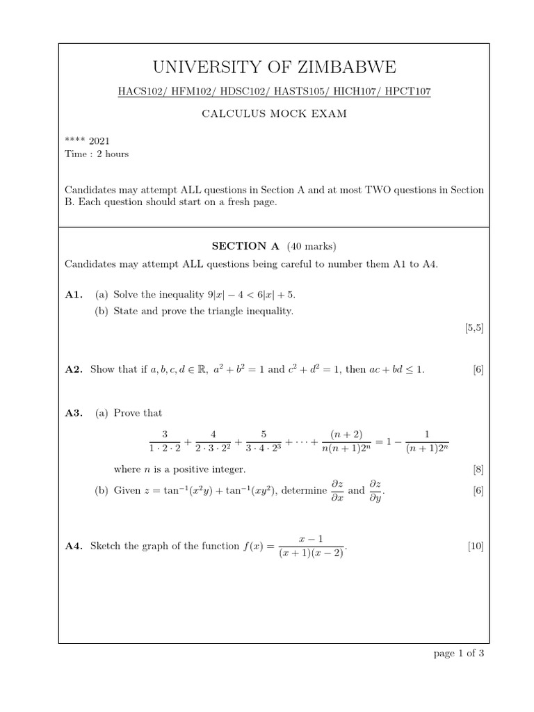 CALCULUS MOCK EXAM | PDF | Mathematical Relations | Functions And Mappings