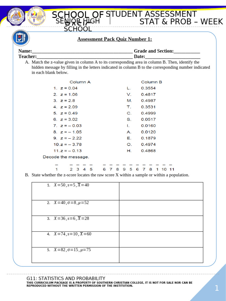 G11 Statistics and Probability Assessment | PDF | Standard Score ...