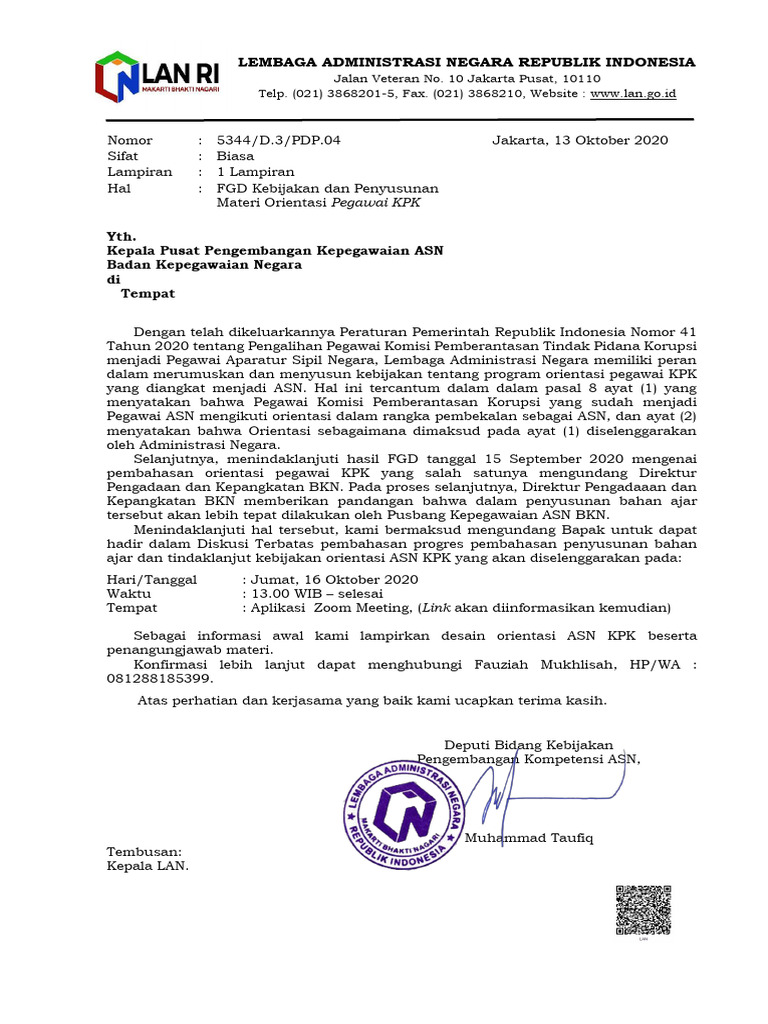 Surat Undangan Pusbang ASN BKN | PDF