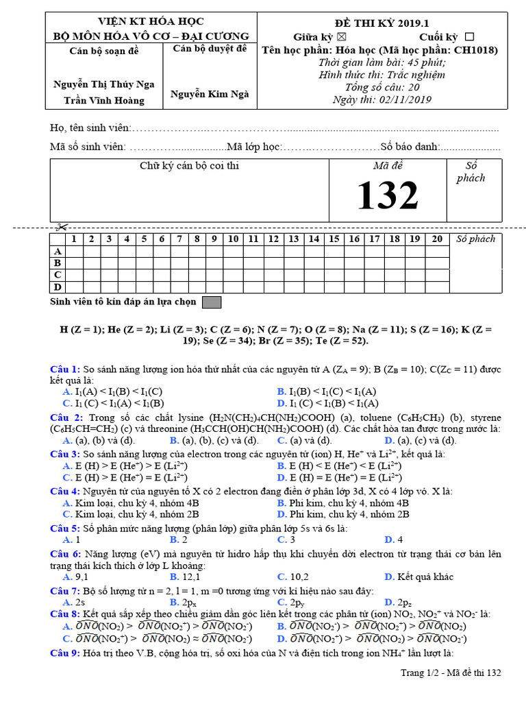 Đề GK CH1018 2019.1 - 132 | PDF