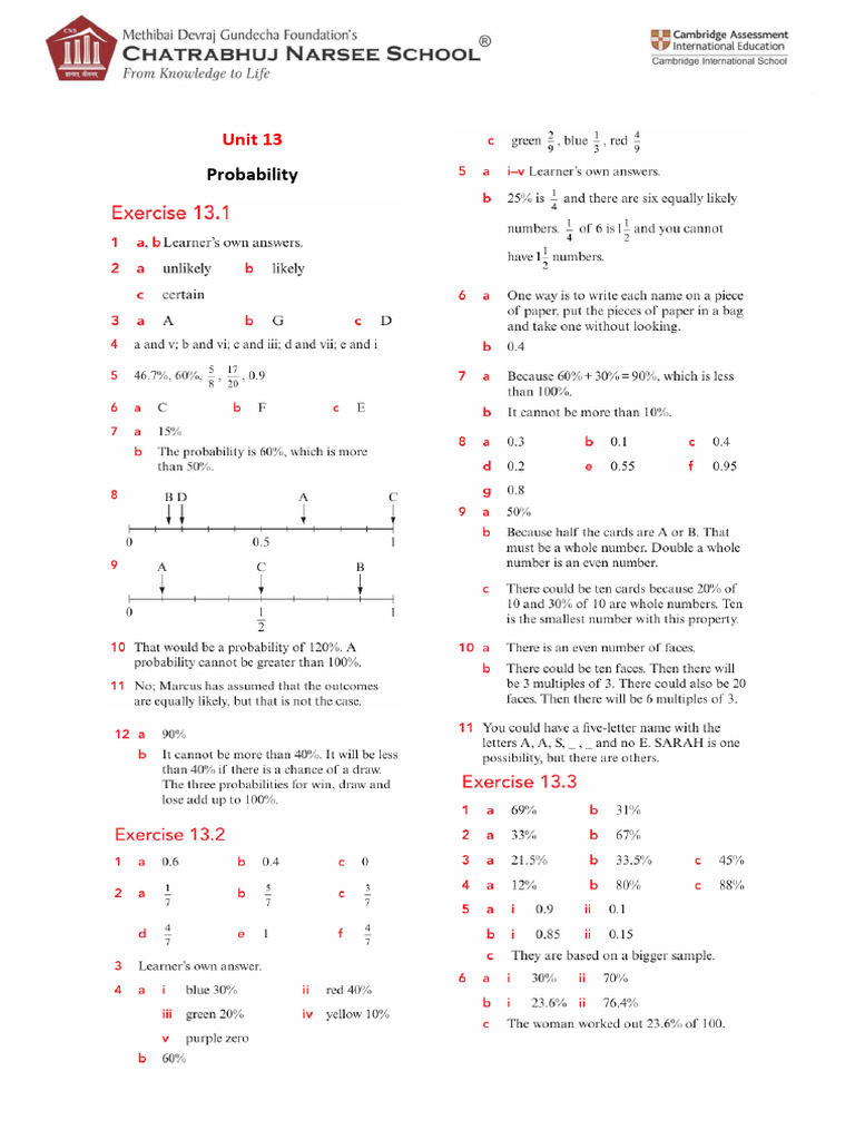 Unit 13 - Probability Workbook Answer Key 2 | PDF