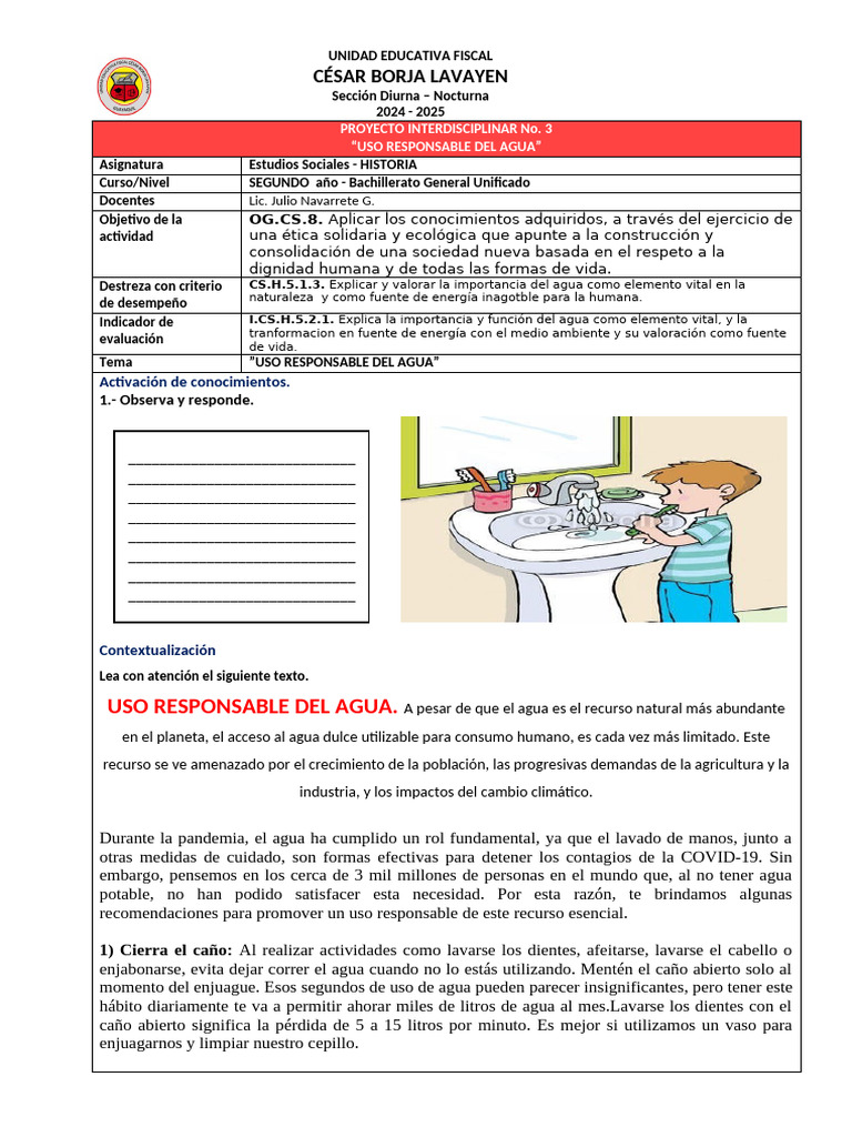 Proyecto Interdisciplinar 2do. Bachi. 2024 | PDF | Agua | Ducha