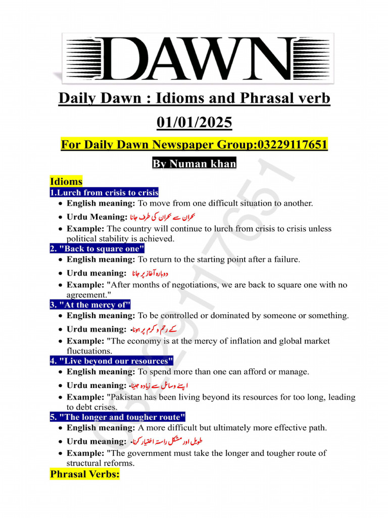 1 January Dawn Idioms and Phrasal Verb 2025 by 03229117651 | PDF