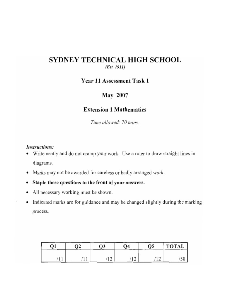 Sydney Tech 2007 3U Prelim HY & Solutions | PDF