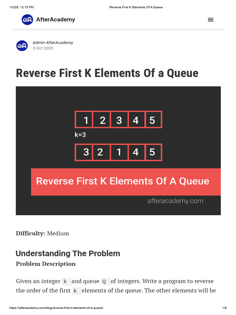 Reverse First K Elements of A Queue | PDF | Queue (Abstract Data Type) | Computer Programming