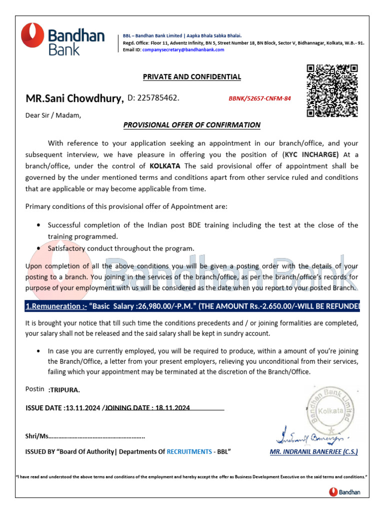 CONFIRMATION LETTER (MR, Sani Chowdhury) | PDF